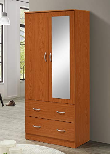 Hodedah Two Door Wardrobe with Two Drawers and Hanging Rod plus Mirror, Cherry