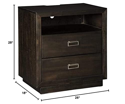 Signature Design by Ashley Hyndell Contemporary 2 Drawer Nightstand with Open Cubby Storage, 2 Electrical Outlets & 2 USB Charging Ports, Espresso Brown