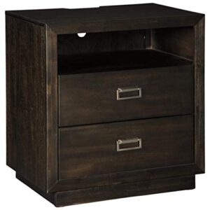 Signature Design by Ashley Hyndell Contemporary 2 Drawer Nightstand with Open Cubby Storage, 2 Electrical Outlets & 2 USB Charging Ports, Espresso Brown