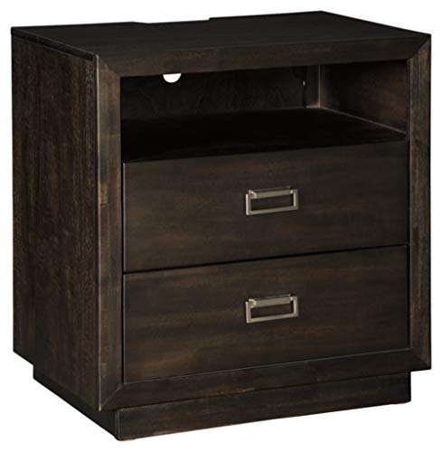 Signature Design by Ashley Hyndell Contemporary 2 Drawer Nightstand with Open Cubby Storage, 2 Electrical Outlets & 2 USB Charging Ports, Espresso Brown