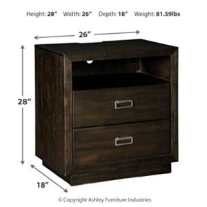 Signature Design by Ashley Hyndell Contemporary 2 Drawer Nightstand with Open Cubby Storage, 2 Electrical Outlets & 2 USB Charging Ports, Espresso Brown