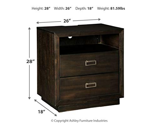 Signature Design by Ashley Hyndell Contemporary 2 Drawer Nightstand with Open Cubby Storage, 2 Electrical Outlets & 2 USB Charging Ports, Espresso Brown