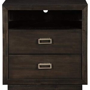 Signature Design by Ashley Hyndell Contemporary 2 Drawer Nightstand with Open Cubby Storage, 2 Electrical Outlets & 2 USB Charging Ports, Espresso Brown