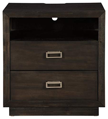 Signature Design by Ashley Hyndell Contemporary 2 Drawer Nightstand with Open Cubby Storage, 2 Electrical Outlets & 2 USB Charging Ports, Espresso Brown