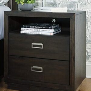 Signature Design by Ashley Hyndell Contemporary 2 Drawer Nightstand with Open Cubby Storage, 2 Electrical Outlets & 2 USB Charging Ports, Espresso Brown