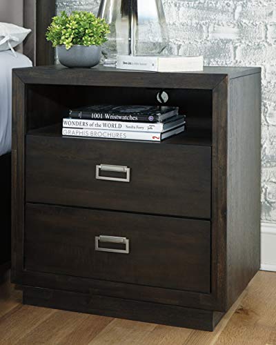 Signature Design by Ashley Hyndell Contemporary 2 Drawer Nightstand with Open Cubby Storage, 2 Electrical Outlets & 2 USB Charging Ports, Espresso Brown