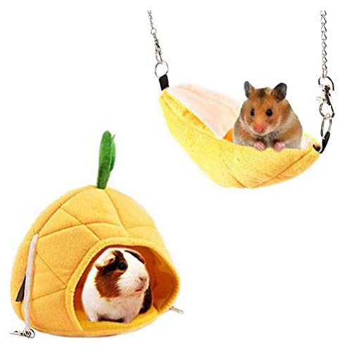 Hotumn 2 Piece Hamster Cage Soft Hammock Bed Small Pet House Hamster Nest Chinchilla Sleep and Play (Banana + Pineapple, Yellow)