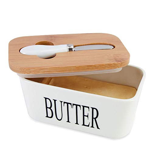 SZUAH Porcelain Butter Dish with Lid and Knife (500ml), Large Butter Keeper Container Butter Dishes with Covers for Countertop High Quality Silicone Sealing, Dishwasher Safe