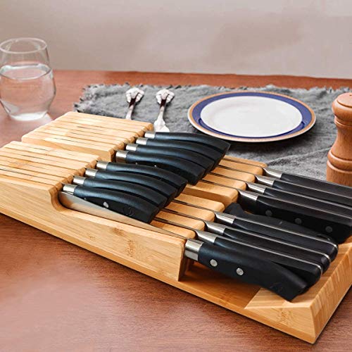 NIUXX Bamboo In-Drawer Knife Block Set for 16 Knives(Not Included), Large Kitchen Detachable Washable Cutlery Slot Organizer Storage Holder for Sharpening Steel and Cutter