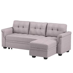 bowery hill light gray linen reversible/sectional sleeper sofa with storage for small space