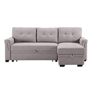 BOWERY HILL Light Gray Linen Reversible/Sectional Sleeper Sofa with Storage for Small Space