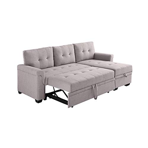 BOWERY HILL Light Gray Linen Reversible/Sectional Sleeper Sofa with Storage for Small Space