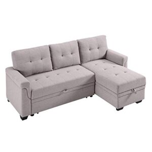 BOWERY HILL Light Gray Linen Reversible/Sectional Sleeper Sofa with Storage for Small Space