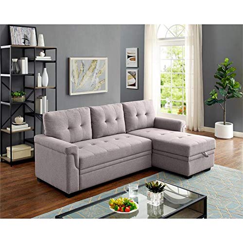 BOWERY HILL Light Gray Linen Reversible/Sectional Sleeper Sofa with Storage for Small Space