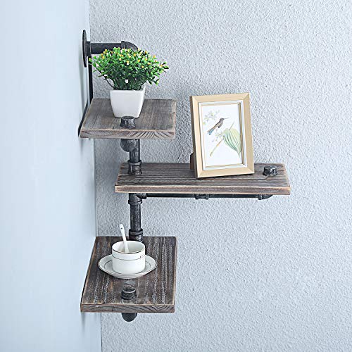 Industrial Pipe Wall Mount 3-Tiers Bookshelf, Metal&Wood Corner Shelves,DIY Storage Shelving Rustic Floating Shelves,Home Decor Shelves,Retro Gray