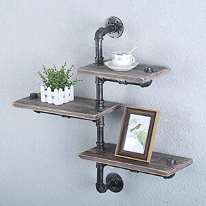 Industrial Pipe Wall Mount 3-Tiers Bookshelf, Metal&Wood Corner Shelves,DIY Storage Shelving Rustic Floating Shelves,Home Decor Shelves,Retro Gray