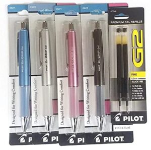 (4) pilot dr. grip limited retractable rolling ball gel pen, fine point, metallic mauve barrel, metallic ice blue barrel, silver barrel, charcoal gray metallic barrel,black ink, 2 black refill