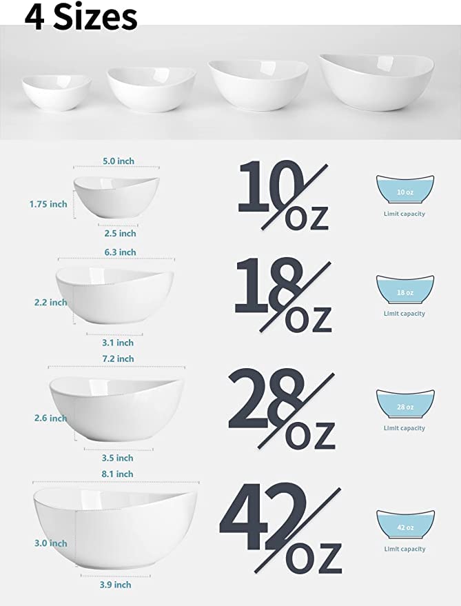 Sweese 104.401 Porcelain Bowls - 42 Ounce for Salad, Fruits and Popcorn - Set of 4, White