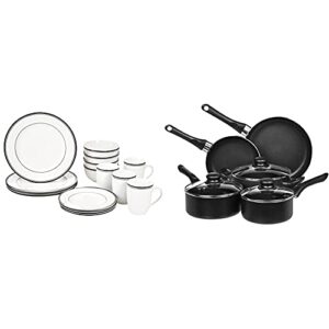 amazon basics 16-piece cafe stripe kitchen dinnerware set, plates, bowls, mugs, service for 4, black & non-stick cookware set, pots and pans - 8-piece set