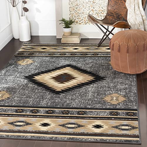 Tuckhome Southwestern Tribal Living Room Bedroom Dining Room Aztec Area Rug - Native American Indian Indie Carpet - Brown, Gray, Black, Beige, Tan - 6'7" x 9'6"