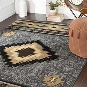 Tuckhome Southwestern Tribal Living Room Bedroom Dining Room Aztec Area Rug - Native American Indian Indie Carpet - Brown, Gray, Black, Beige, Tan - 6'7" x 9'6"