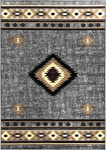 Tuckhome Southwestern Tribal Living Room Bedroom Dining Room Aztec Area Rug - Native American Indian Indie Carpet - Brown, Gray, Black, Beige, Tan - 6'7" x 9'6"