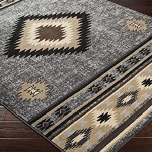 Tuckhome Southwestern Tribal Living Room Bedroom Dining Room Aztec Area Rug - Native American Indian Indie Carpet - Brown, Gray, Black, Beige, Tan - 6'7" x 9'6"