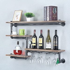 tanggu industrial pipe shelf wine racks with 4 stem glass holder,rustic metal floating bar shelves wall mounted,steampunk pipe shelving kitchen wine holder,39.37in farmhouse wood shelves wall shelf