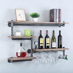 TANGGU Industrial Pipe Shelf Wine Racks with 4 Stem Glass Holder,Rustic Metal Floating Bar Shelves Wall Mounted,Steampunk Pipe Shelving Kitchen Wine Holder,39.37in Farmhouse Wood Shelves Wall Shelf