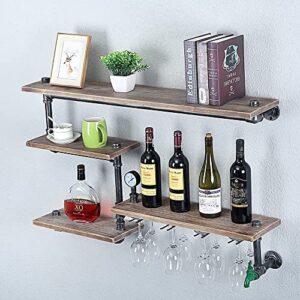 TANGGU Industrial Pipe Shelf Wine Racks with 4 Stem Glass Holder,Rustic Metal Floating Bar Shelves Wall Mounted,Steampunk Pipe Shelving Kitchen Wine Holder,39.37in Farmhouse Wood Shelves Wall Shelf