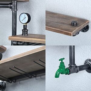 TANGGU Industrial Pipe Shelf Wine Racks with 4 Stem Glass Holder,Rustic Metal Floating Bar Shelves Wall Mounted,Steampunk Pipe Shelving Kitchen Wine Holder,39.37in Farmhouse Wood Shelves Wall Shelf