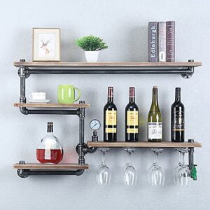 TANGGU Industrial Pipe Shelf Wine Racks with 4 Stem Glass Holder,Rustic Metal Floating Bar Shelves Wall Mounted,Steampunk Pipe Shelving Kitchen Wine Holder,39.37in Farmhouse Wood Shelves Wall Shelf