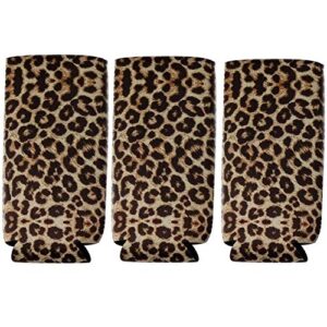 3pcs neoprene slim can sleeves covers collapsible beer beverage coolers for 12oz slim energy drink,beer,bottle (leopard)