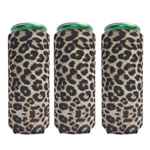 3pcs Neoprene Slim Can Sleeves Covers Collapsible Beer Beverage Coolers for 12oz Slim Energy Drink,Beer,Bottle (Leopard)