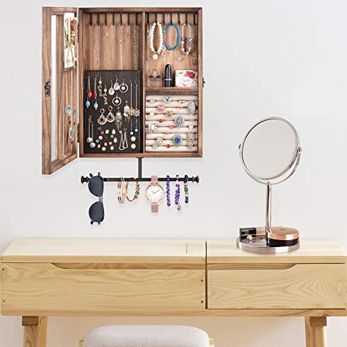 Keebofly Wall Mounted Jewelry Organizer Box Rustic Wood Large Space Jewelry Cabinet Holder Jewelry Storage Box for Necklaces, Earrings, Bracelets, Ring Holder, and Accessories (Carbonized Black)