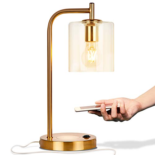 Brightech Elizabeth Table Lamp with Wireless Charging Pad and USB Port, Bedside Reading Lamp, Vintage Brass Gold Desk Lamp, Nightstand Lamp with LED Bulb for Bedroom, Living Room, Office