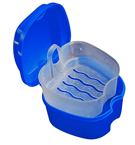 KISEER 2 Pack Colors Denture Bath Case Cup Box Holder Storage Soak Container with Strainer Basket for Travel Cleaning (Light Blue and Blue)