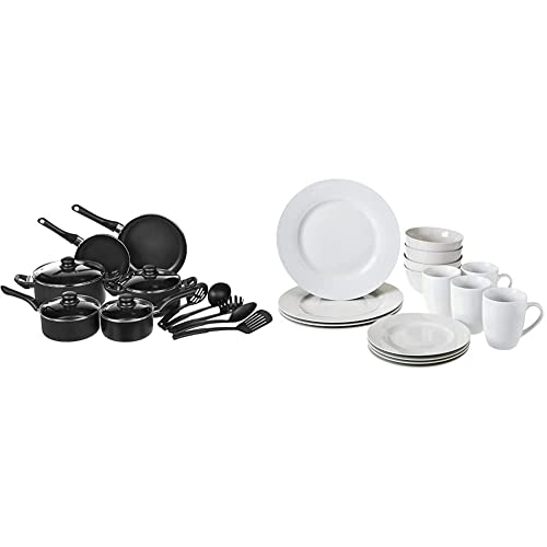 Amazon Basics Non-Stick Cookware Set, Pots, Pans and Utensils - 15-Piece Set & 16-Piece Kitchen Dinnerware Set, Plates, Bowls, Mugs, Service for 4, White