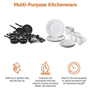 Amazon Basics Non-Stick Cookware Set, Pots, Pans and Utensils - 15-Piece Set & 16-Piece Kitchen Dinnerware Set, Plates, Bowls, Mugs, Service for 4, White