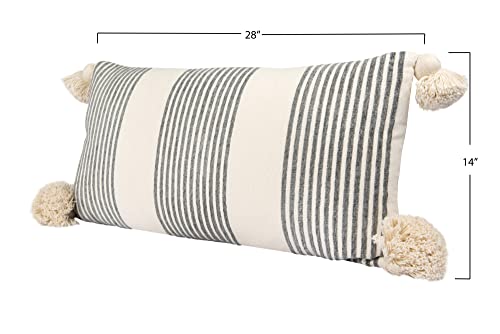 Creative Co-Op Cotton & Chenille Vertical Grey Stripes, Tassels & Solid Cream Back Pillows, 1 Count (Pack of 1)