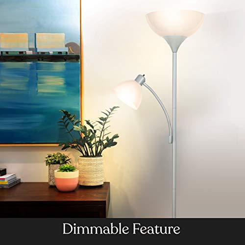 Brightech Sky Dome Plus LED Floor lamp, Torchiere Super Bright Floor Lamp with Reading Lamp for Living Rooms & Offices - Dimmable Tall Standing Lamp for Bedroom Reading - Silver