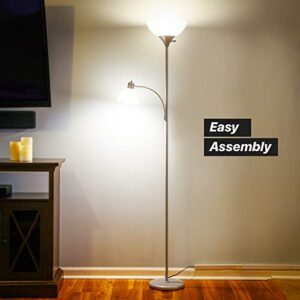 Brightech Sky Dome Plus LED Floor lamp, Torchiere Super Bright Floor Lamp with Reading Lamp for Living Rooms & Offices - Dimmable Tall Standing Lamp for Bedroom Reading - Silver