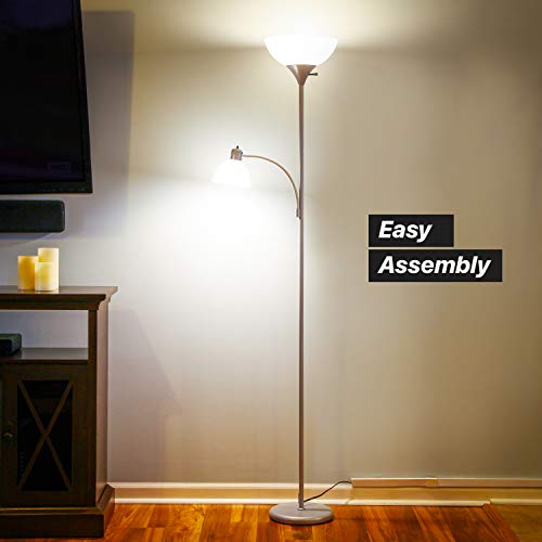 Brightech Sky Dome Plus LED Floor lamp, Torchiere Super Bright Floor Lamp with Reading Lamp for Living Rooms & Offices - Dimmable Tall Standing Lamp for Bedroom Reading - Silver