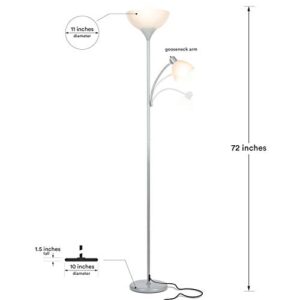 Brightech Sky Dome Plus LED Floor lamp, Torchiere Super Bright Floor Lamp with Reading Lamp for Living Rooms & Offices - Dimmable Tall Standing Lamp for Bedroom Reading - Silver