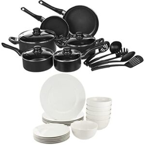 amazon basics non-stick cookware set, pots, pans and utensils - 15-piece set & 18-piece kitchen dinnerware set, dishes, bowls, service for 6, white