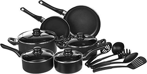 Amazon Basics Non-Stick Cookware Set, Pots, Pans and Utensils - 15-Piece Set & 18-Piece Kitchen Dinnerware Set, Dishes, Bowls, Service for 6, White