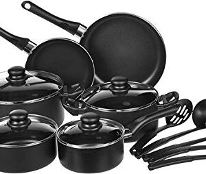 Amazon Basics 18-Piece Kitchen Dinnerware Set, Plates, Dishes, Bowls, Service for 6, Swirl & Non-Stick Cookware Set, Pots, Pans and Utensils - 15-Piece Set