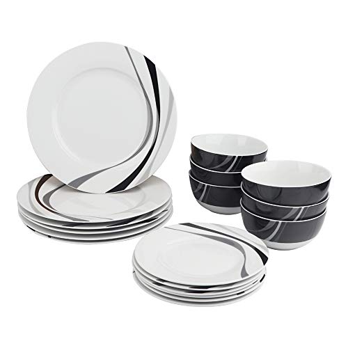 Amazon Basics 18-Piece Kitchen Dinnerware Set, Plates, Dishes, Bowls, Service for 6, Swirl & Non-Stick Cookware Set, Pots, Pans and Utensils - 15-Piece Set