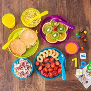 Plastic Dinnerware Set - 8 Piece Cookware Set Include Kids Cups, Plates, Bowls, Flatware Set - Dish Set with Rainbow Colours - Dishwasher and Microwave Safe BPA Free for Kids and Toddler