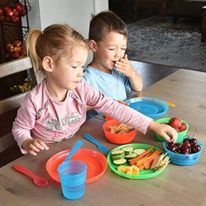 Plastic Dinnerware Set - 8 Piece Cookware Set Include Kids Cups, Plates, Bowls, Flatware Set - Dish Set with Rainbow Colours - Dishwasher and Microwave Safe BPA Free for Kids and Toddler